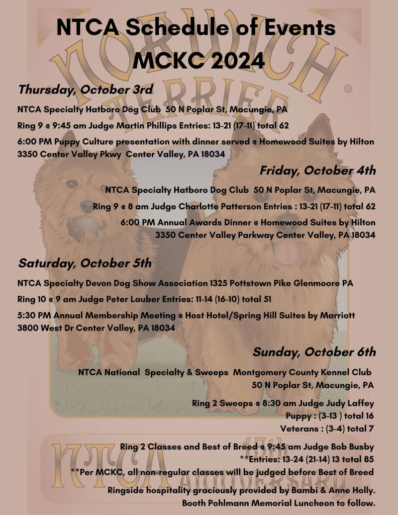 MCKC 2024 Schedule of Events – Norwich Terrier Club of America